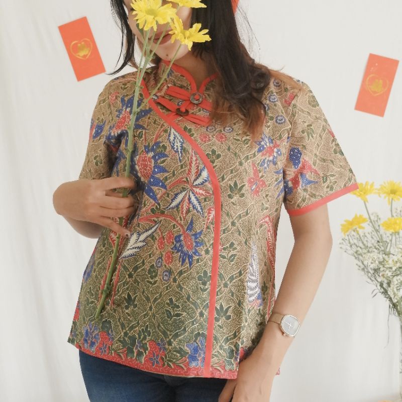 Jual Atasan Batik Baju Kerja Batik Motif Buketan Cheongsam Kerah ...