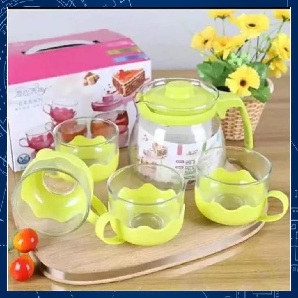 Jual Tea Pot Set Kaca 5 In 1 / 1 Teko Set Kaca / 4 Cangkir Kopi/ Teapot ...
