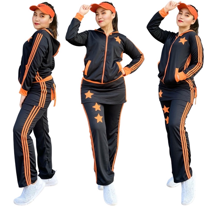 Jual Baju Set Senam Rok Bintang Hitam List Orange Setelan Training Panjang Olahraga Muslim Hijab ...