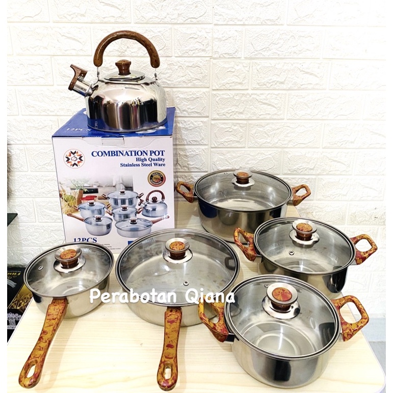 Jual Panci set gagang kayu 12pcs cookware set stainless steel | Shopee ...