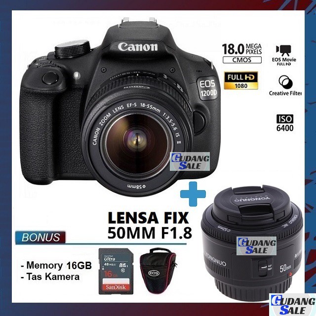 Jual [NEW] KAMERA CANON EOS 1200D + LENSA KIT 18-55MM IS & Lensa Fix ...