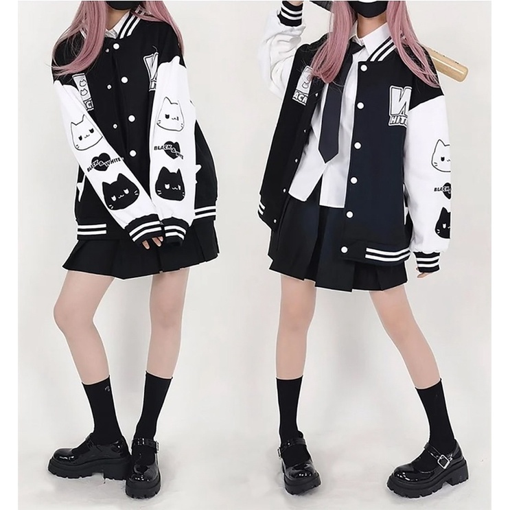 Jual Black Kitty Varsity Neko Baseball Jacket Kawaii Jepang | Shopee ...