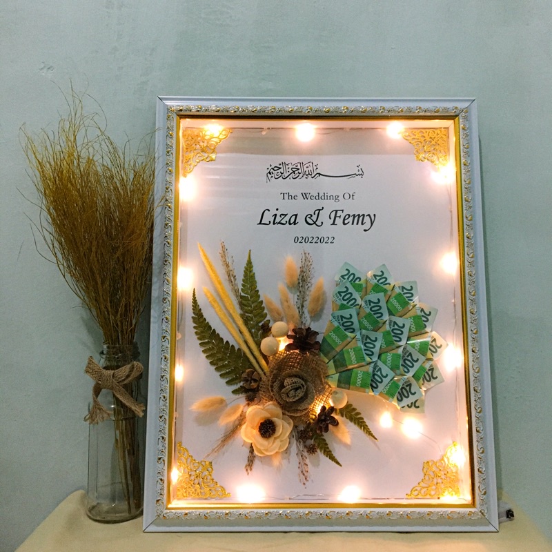 Jual Frame 3D mahar ukuran A3 dried flower dan lampu led / pigura mahar ...