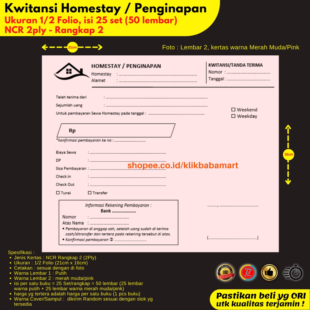 Jual KWITANSI HOMESTAY PENGINAPAN VILLA HOTEL 1/2 FOLIO RANGKAP 2 PUTIH ...