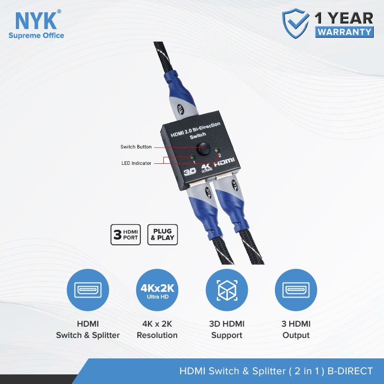 Jual NYK HDMI SWITCH & SPLITTER 2 in 1 Bi Direct | Shopee Indonesia
