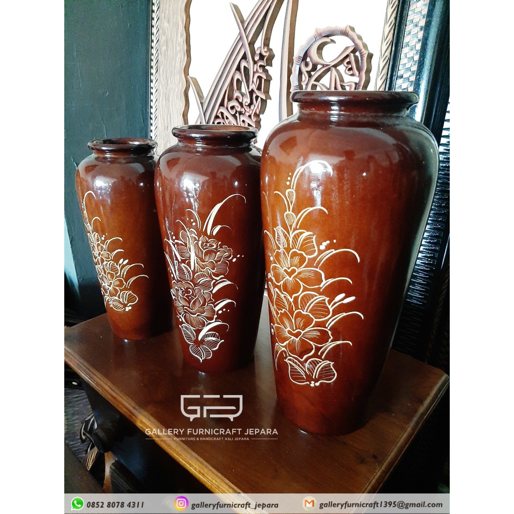 Jual Vas Guci Kayu Jati Isi 3 Motif Bunga | Shopee Indonesia