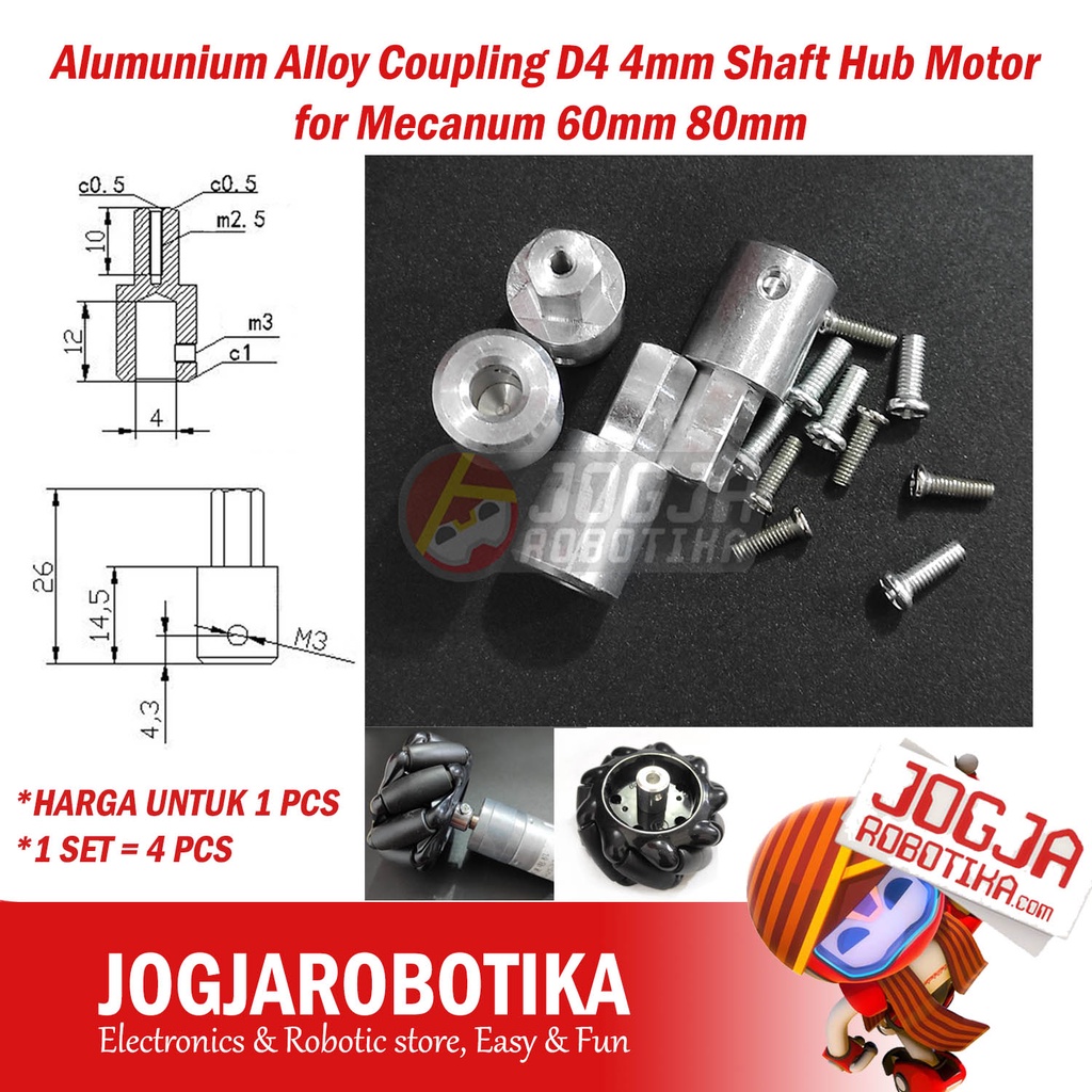 Jual Alumunium Alloy Coupling D4 4mm Shaft Hub Motor for Mecanum 60mm ...