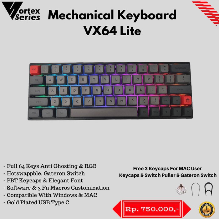 Jual Vortex Series VX64 Lite mechanical keyboard (Black Gray Brown ...