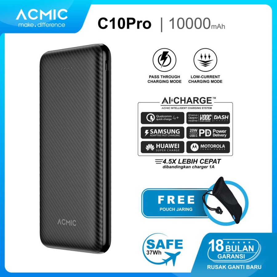 Jual ACMIC C10PRO Slim 10000mAh AiCharge Power Bank (QC4 + PD + VOOC) | Shopee Indonesia