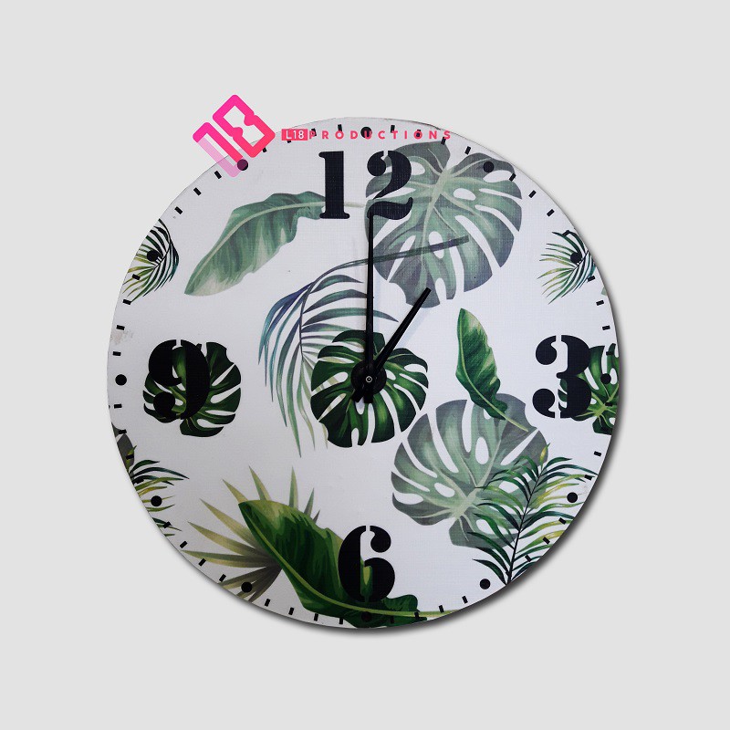 Jual Dine Wood Jam Dinding Analog Motif Floral Monstera Shabby Chic ...