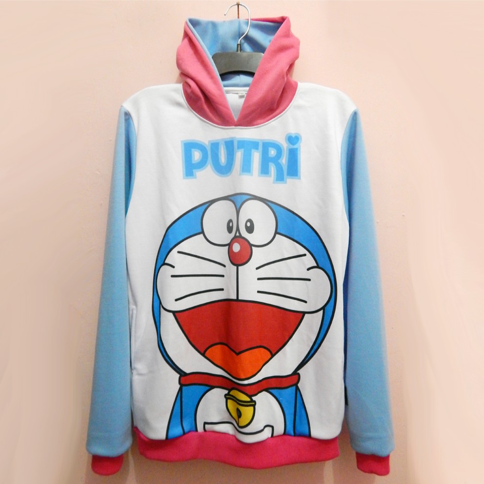 Jual Sweater Hoodie Doraemon Happy White Blue Pink Bahan Halus Lembut ...