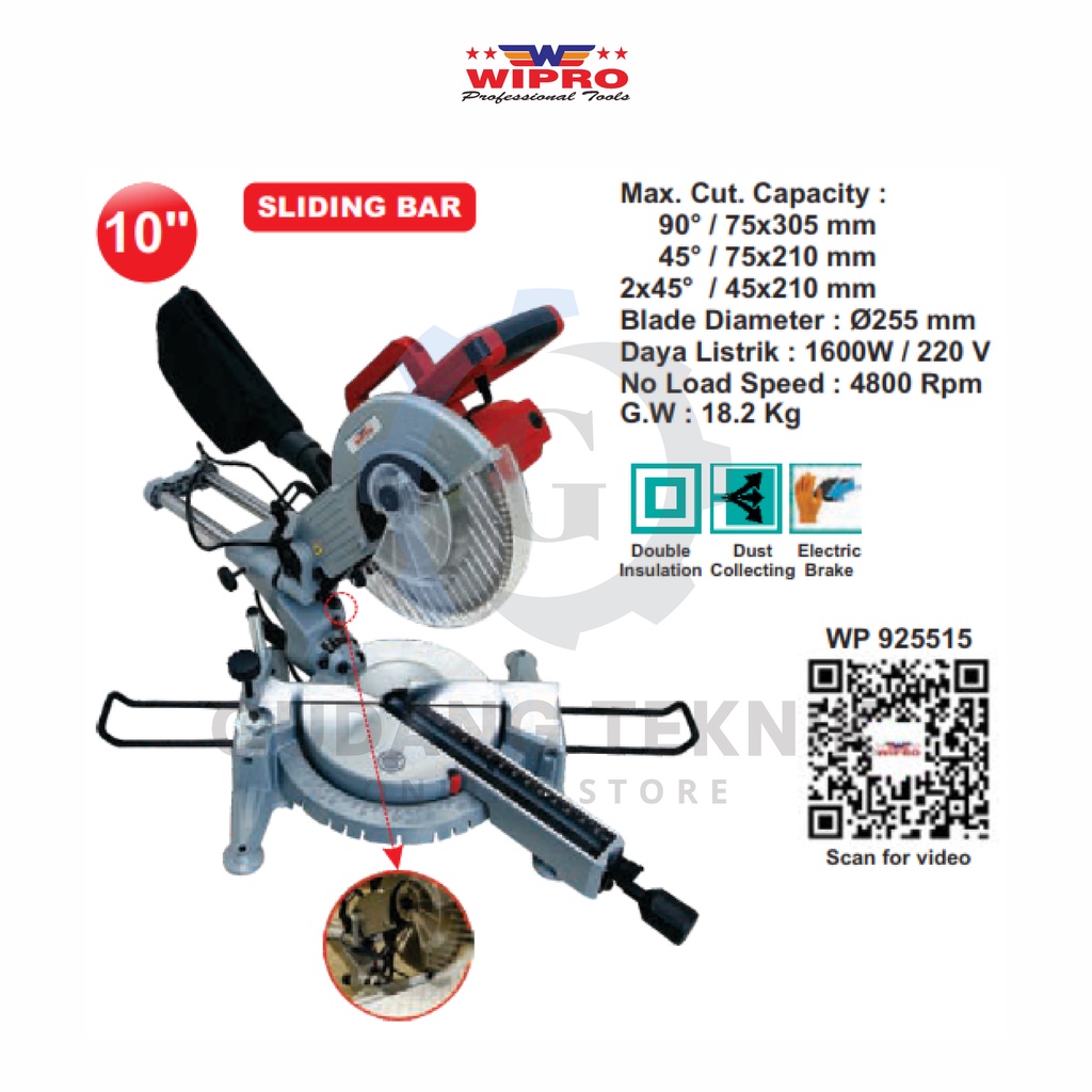 Jual Miter Saw 10" WIPRO WP-925515 Sliding / Mesin Miter Saw Gergaji Putong Alumunium 10inch ...