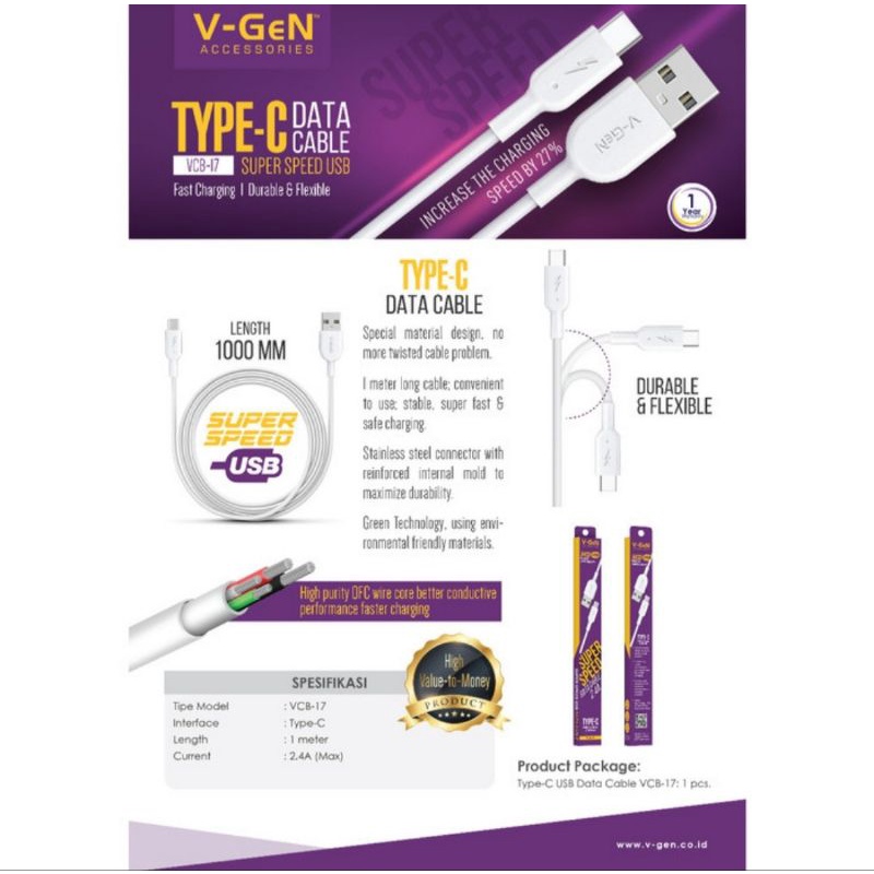 Jual Kabel Data USB Type -C V-GeN VCB-17 Fast Charging Kabel V-GeN 1M | Shopee Indonesia