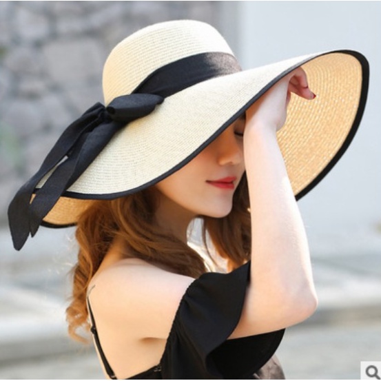 Jual Topi Pantai Musim Panas Wanita Fashion Topi Jerami Lipat Besar Tepi Lebar Topi Pantai Anti ...