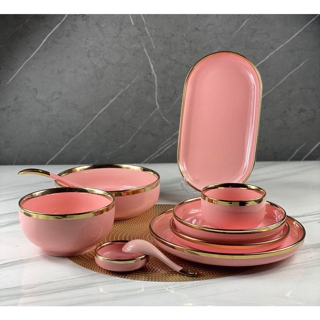 Jual ASHOME Piring Set Lengkap Warna Pink Gold isi 9 Pcs / Piring Set ...