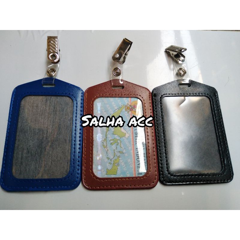 Jual Id card holder name tag kulit hitam, biru, dan coklat+jepitan ...