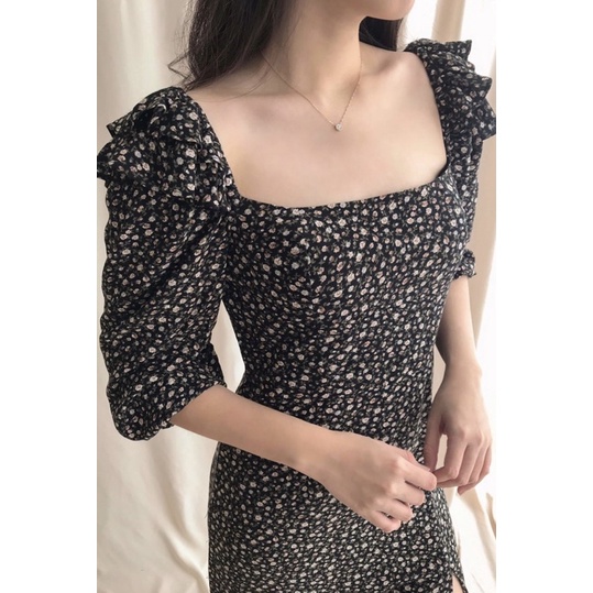 Jual D0824 RACHEL KOREAN STYLE FLORAL VINTAGE MIDI DRESS SQUARE NECK ...