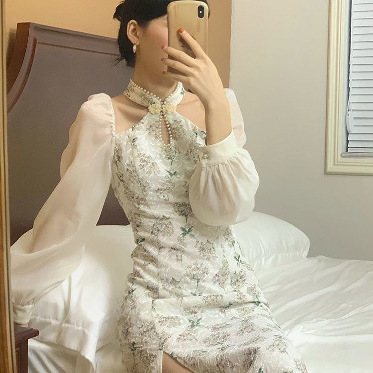 Jual French modified cheongsam dress embroidery dress retro mid-length ...