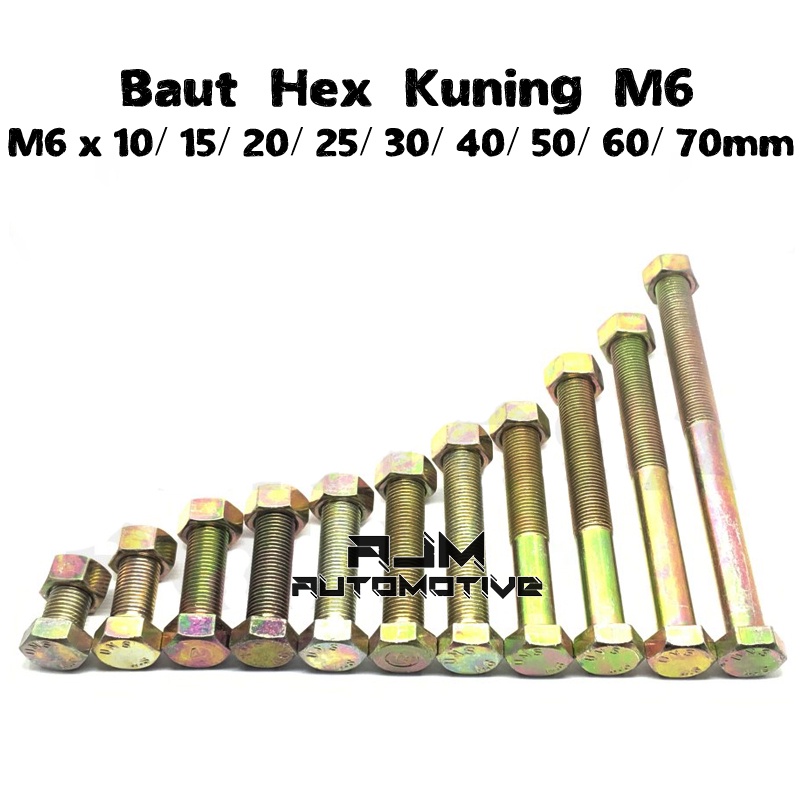Jual Baut Mur Hex Kuning M6 x 10 15 20 25 30 40 50 60 70 mm Hexagon Bolt | Shopee Indonesia