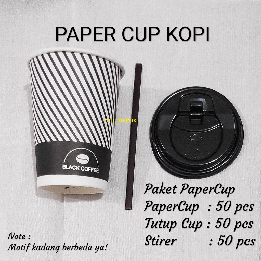 Jual Paper Hot Cup 8 oz Polos+Tutup + Stirrer isi 50 pcs / Gelas Kopi / Gelas Kertas Kopi 8 Oz ...