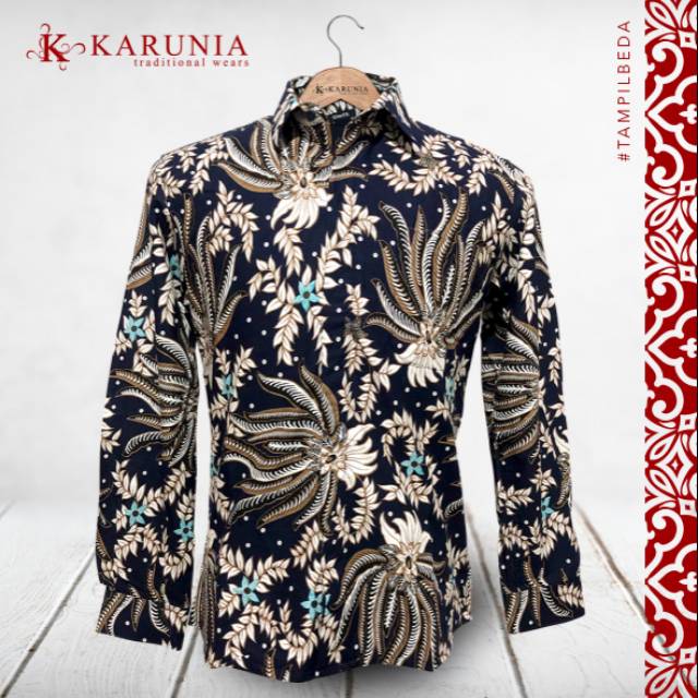 Jual Karunia - Kemeja Batik Pria Lengan Panjang Cowok Premium Slim Fit Warna Biru Dongker Motif ...