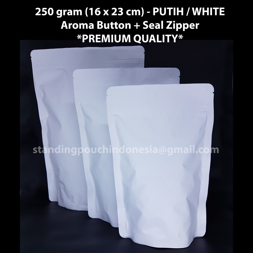Jual Kemasan Kopi Standing Pouch 250g (50PCS) (VALVE + ZIPPER) PUTIH WHITE *PREMIUM | Shopee ...