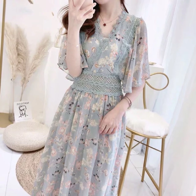 Jual Gilda Floral Dress Korean Vintage Look Flower Pink Blue Soft ...