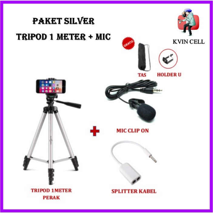Jual PAKET KOMPLIT Tripod Perak 1M + Microphone Clip On + Splitter ...