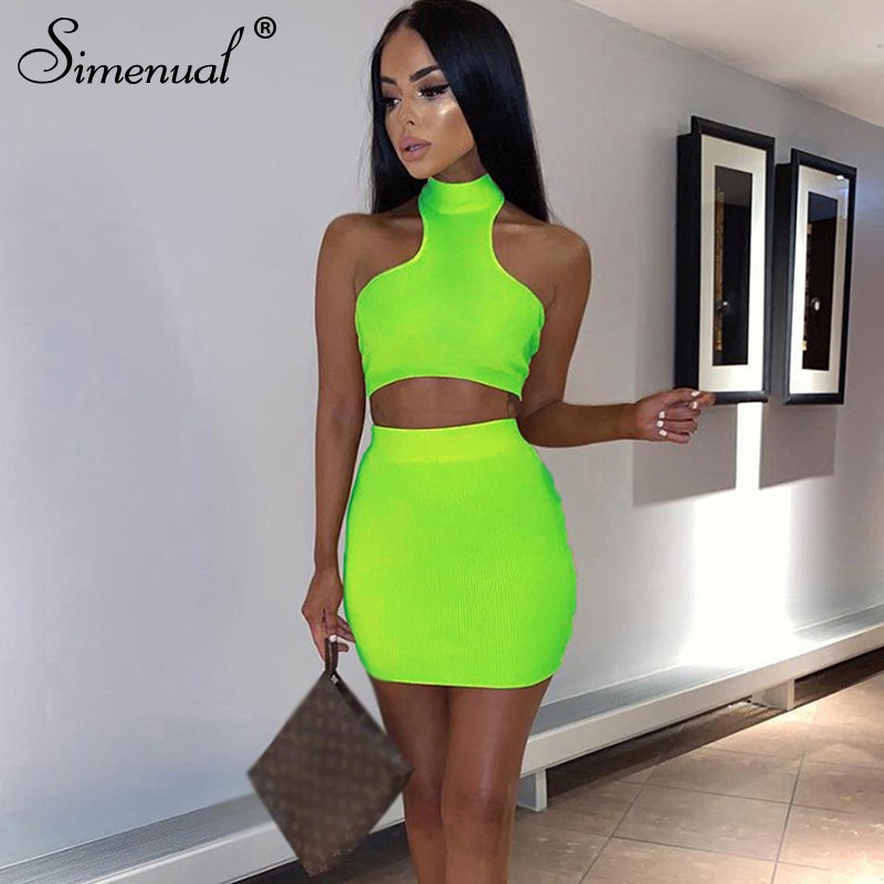 Jual Simenual Sexy Neon Color Two Piece Outfits Fashion Sleeveless Tank