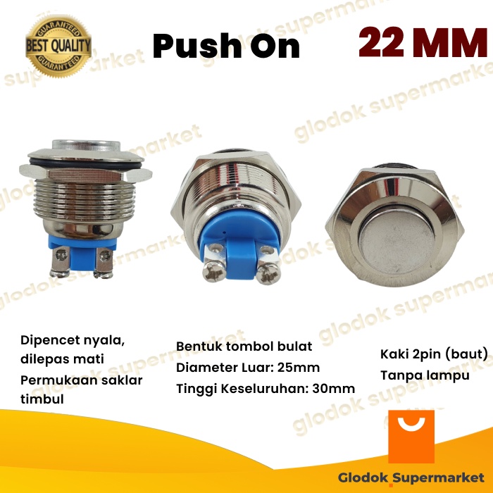 Jual Switch Metal 22mm Push On 2 Pin Tombol Stainless 22 mm Saklar ...