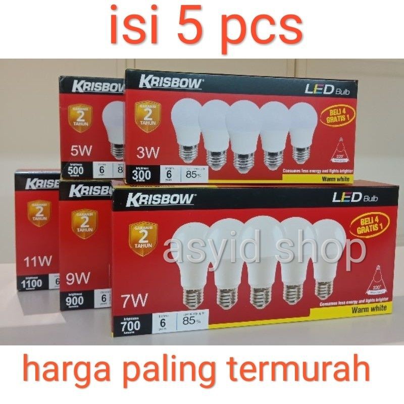 Jual Krisbow bohlam Lampu Led 3 Watt, 5watt , 7 Watt, 9 watt, 11 watt ISI 5 PCS | Shopee Indonesia