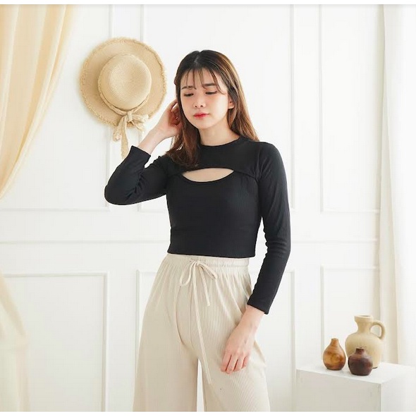 Jual Baju Longsleeve Crop Top Wanita Kaos Baju Lengan Panjang Wanita ...