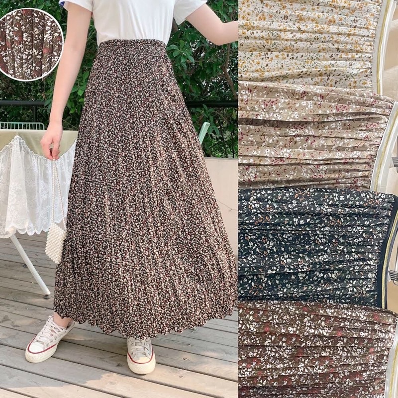 Jual Korean Chiffon Flower Pleated Long Skirt with Gold List Premium ...
