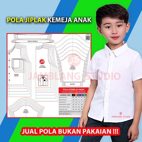 Jual Pola Jiplak Kemeja Anak Lengan Panjang 2 sampai 12 Tahun [ Pola Baju Jamblang Studio ...