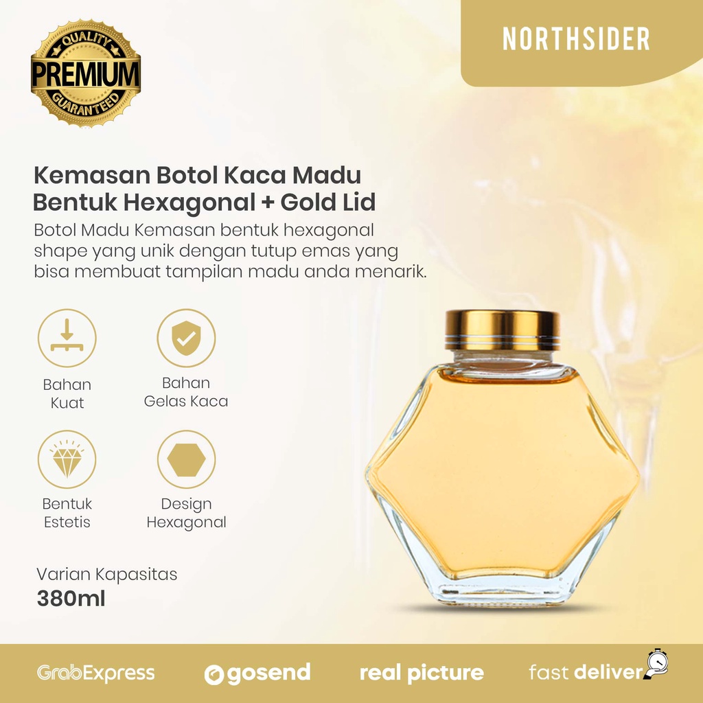 Jual Botol kaca madu hexagonal kemasan madu tutup gold lid honey glass ...