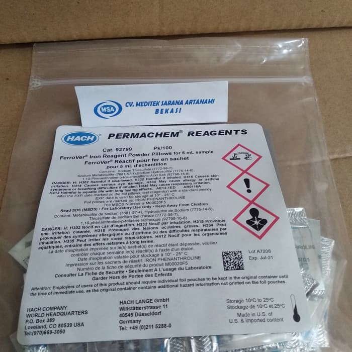 Jual HACH 92799 FerroVer Iron Reagent Powder Pillows, 5 mL, pk/100 ...