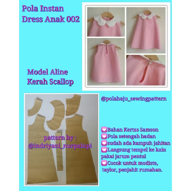 Jual Pola Baju Dress Anak 002 model aline kerah scallop - Pola Instan Baju dress anak sewing ...