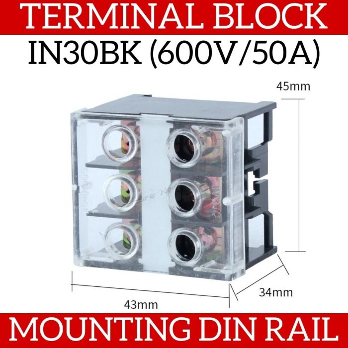 Jual IN30BK Terminal Block Blok Listrik Mounting Din Rail 600V 50A 3 ...