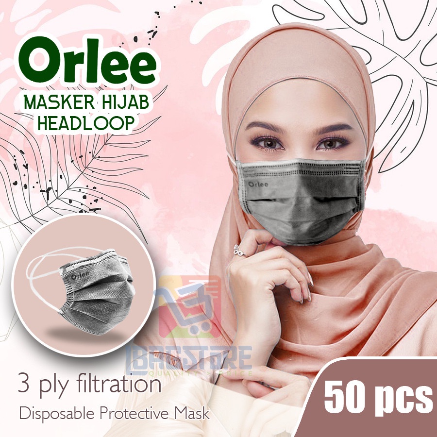 Jual Masker 3 Ply Lapis 3Ply ORLEE Headloop Hijab warna bu Abu2 Grey ...