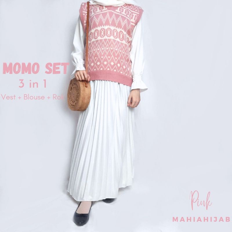 Jual Momo Set 5in1 Blouse + Vest rajut + Rok plisket + Hijab Bella OOTD ...