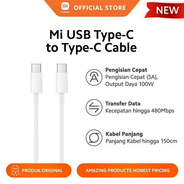 Jual Xiaomi USB Type-C to Type-C Cable 150cm | Mendukung Arus 5A ...