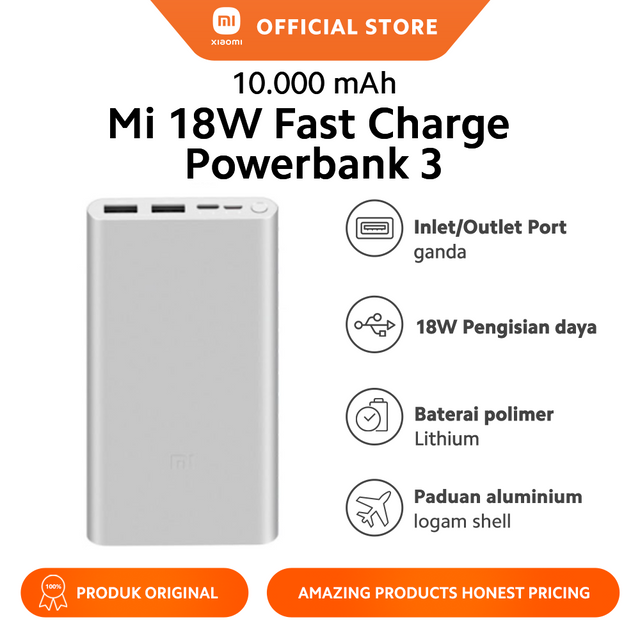 Jual Xiaomi Mi 18W Fast Charge Powerbank 3, Input Type C & Micro, Dual ...