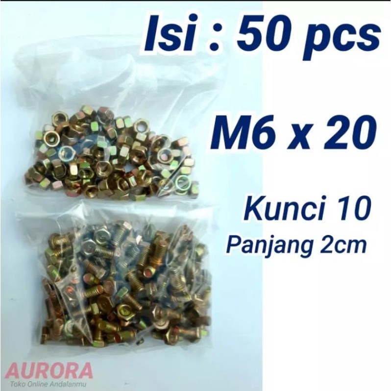 Jual PAKET Isi 50 Pcs Baut Mur M6 X 20 ( Kunci 10 Panjang 2 Cm ) | Shopee Indonesia
