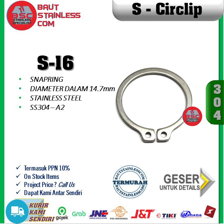 Jual CIRCLIP SNAPRING STAINLESS SS304 TYPE - S16 EXTERNAL LOCKING SNAP RING ISI 10 PCS | Shopee ...