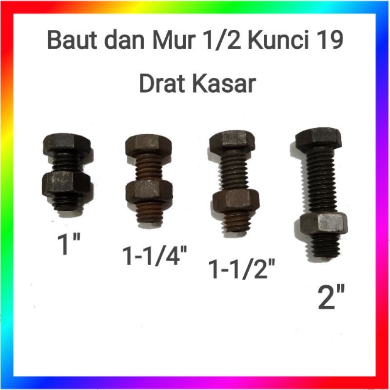 Jual Baut dan mur 1/2" inci hitam kepala kunci 19 drat kasar | Shopee Indonesia