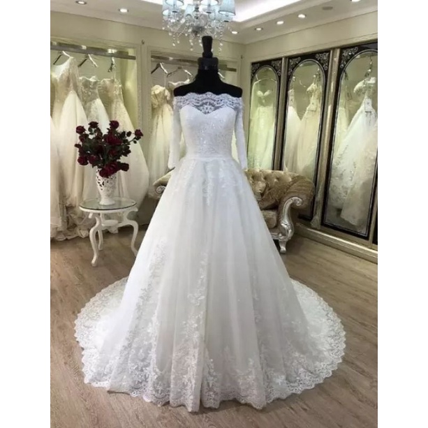 Jual Gaun Wedding Dress 2022 elegant off shoulder long sleeve ball gown ...