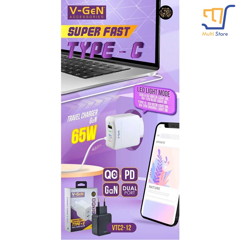 Jual Adaptor Charger V-GeN VTC2-12 Fast Charging USB PD QC4 Type C GaN ...