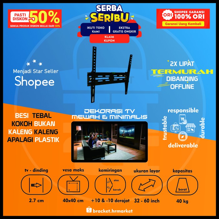 Jual Bracket Tv Led 55 50 24 32 49 43 Braket Lcd Gantungan TV 32 - 60 ...