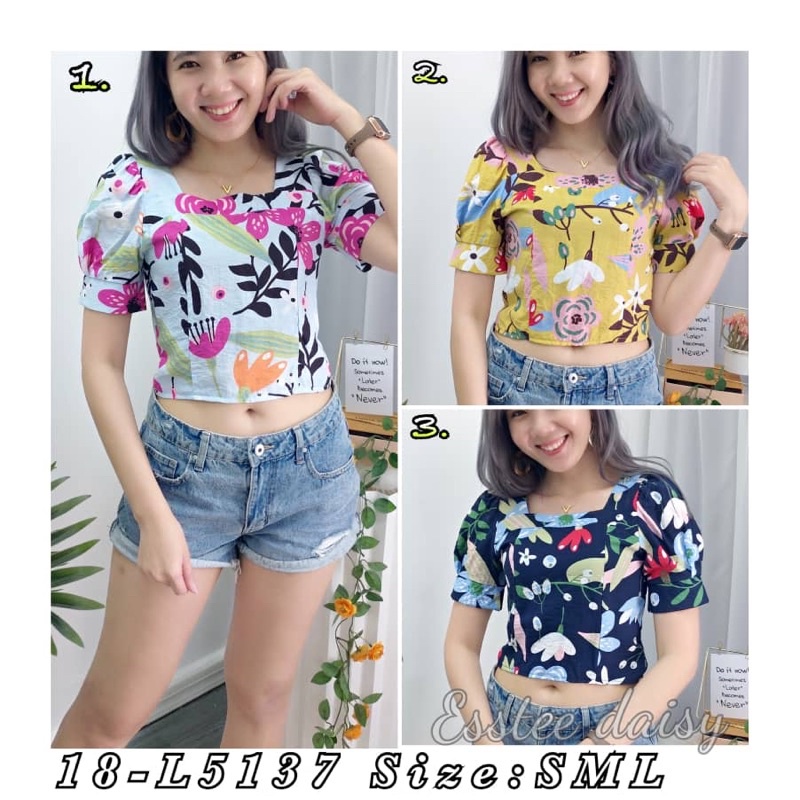 Jual Baju cropty sabrina motif bunga-bunga dari malaysia (18-L5137 ...