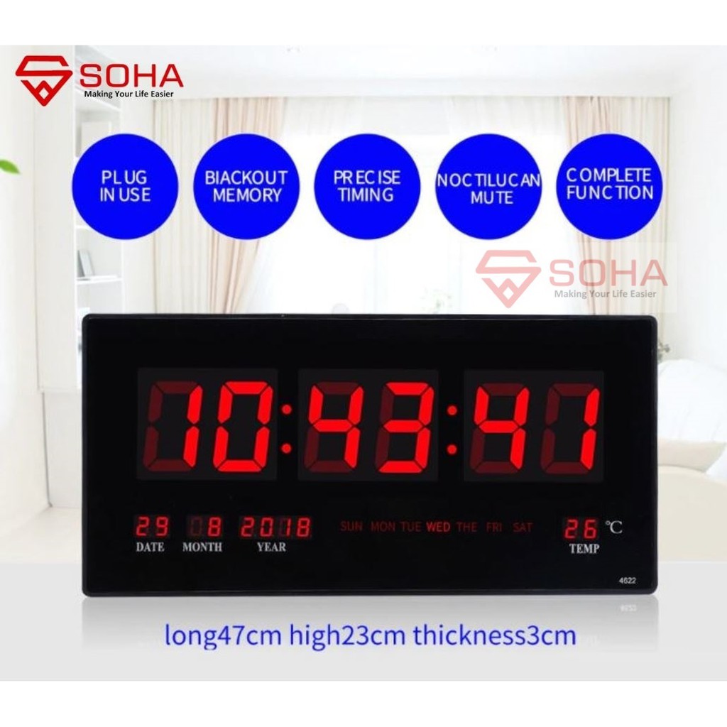 Jual JD- 4622 Jam Dinding Digital Layar Besar 47 x 23 cm LED CLOCK WALL ...